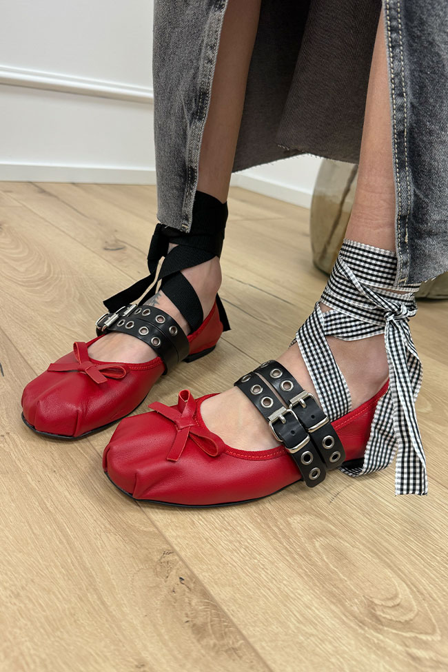 Divine Follie Ballerine Rosse Con Fibbie E Lacci Calibro Shop